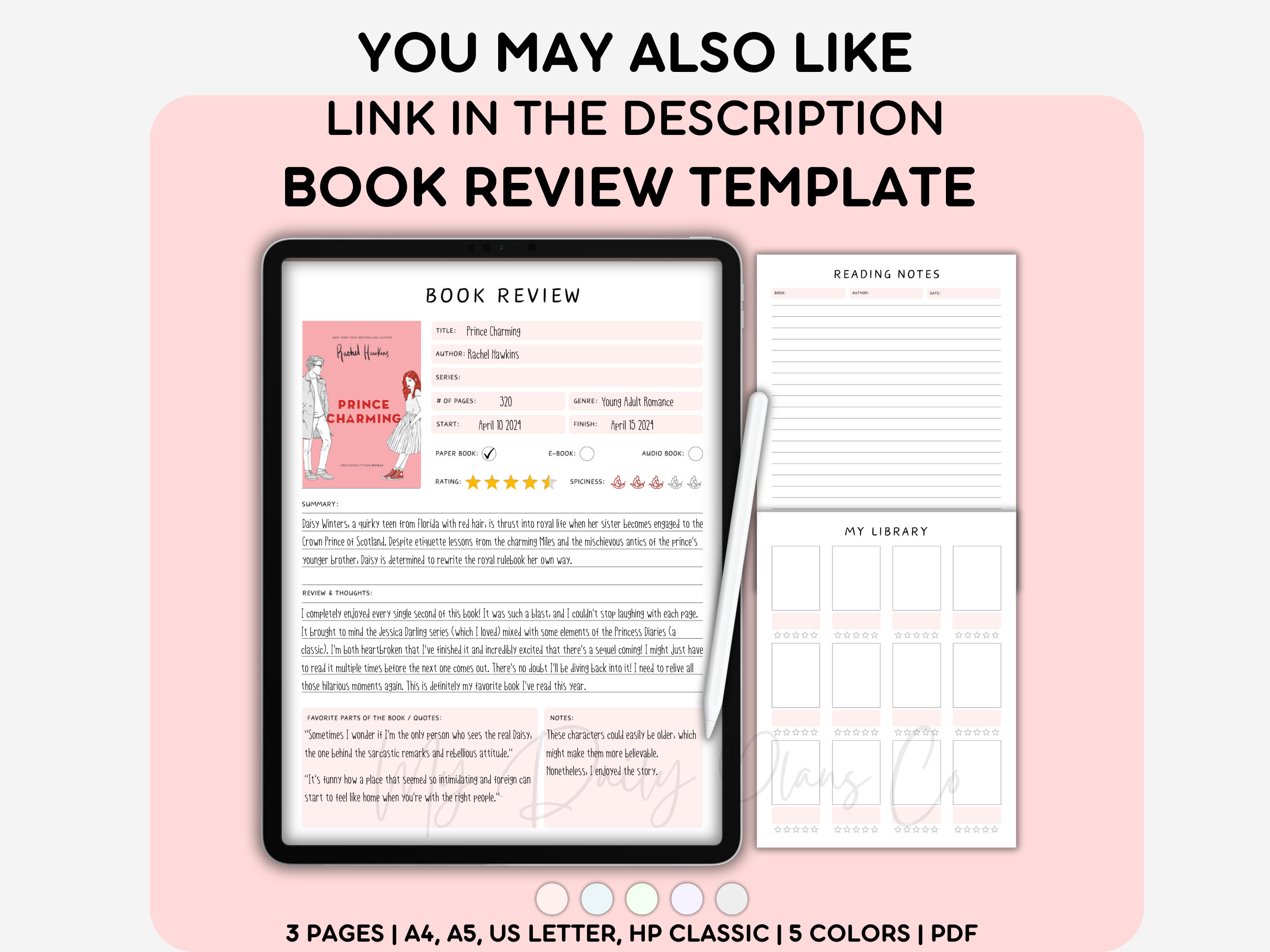 Book Review Template Goodnotes, Digital Reading Journal, Simple Book ...