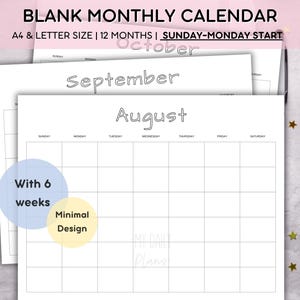 Printable Monthly Blank Calendar Sunday Monday Undated Month at a ...