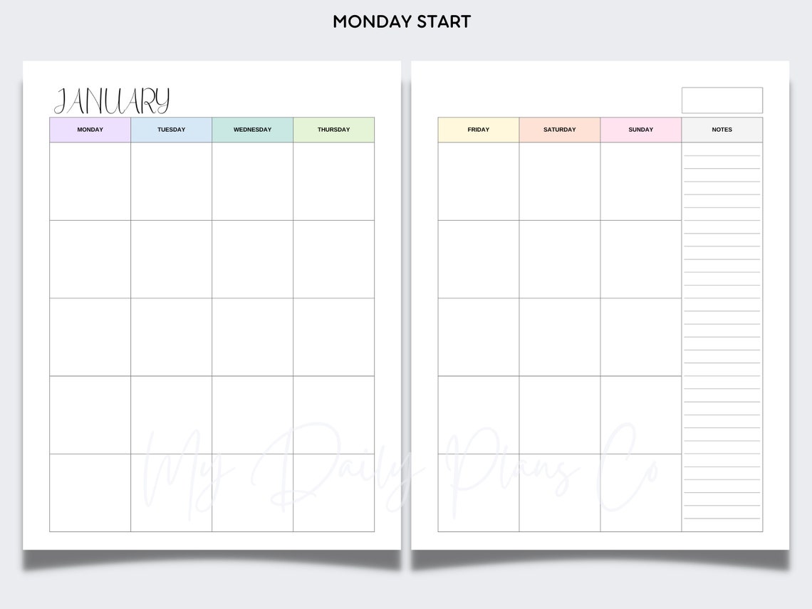 Printable Blank Monthly Calendar Minimal Pastel Undated Month on 2 ...