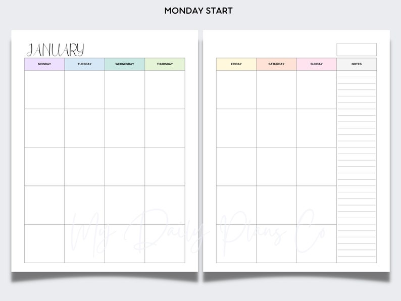 Printable Blank Monthly Calendar Minimal Pastel Undated Month on 2 ...