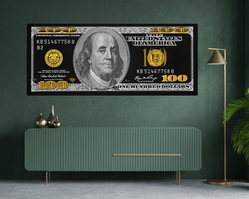 Black and White Gold 100 Dollar Banknote Painting Poster Print, Money ...