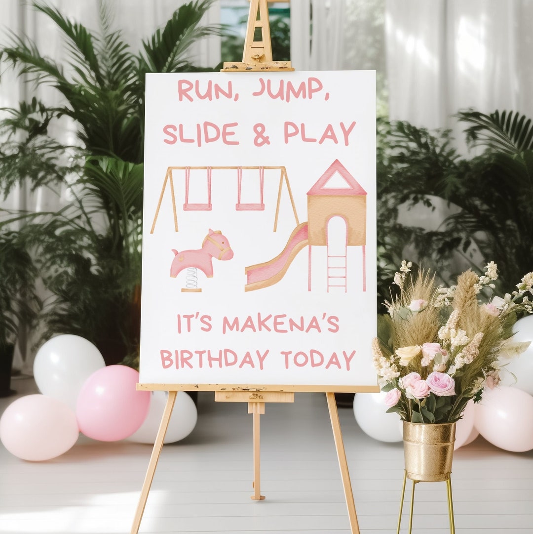 Playground Birthday Party Welcome Sign Template- Pink & Orange Instant ...
