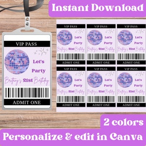 VIP Party Pass Badge Disco in My Birthday Era- Personalizable Instant ...
