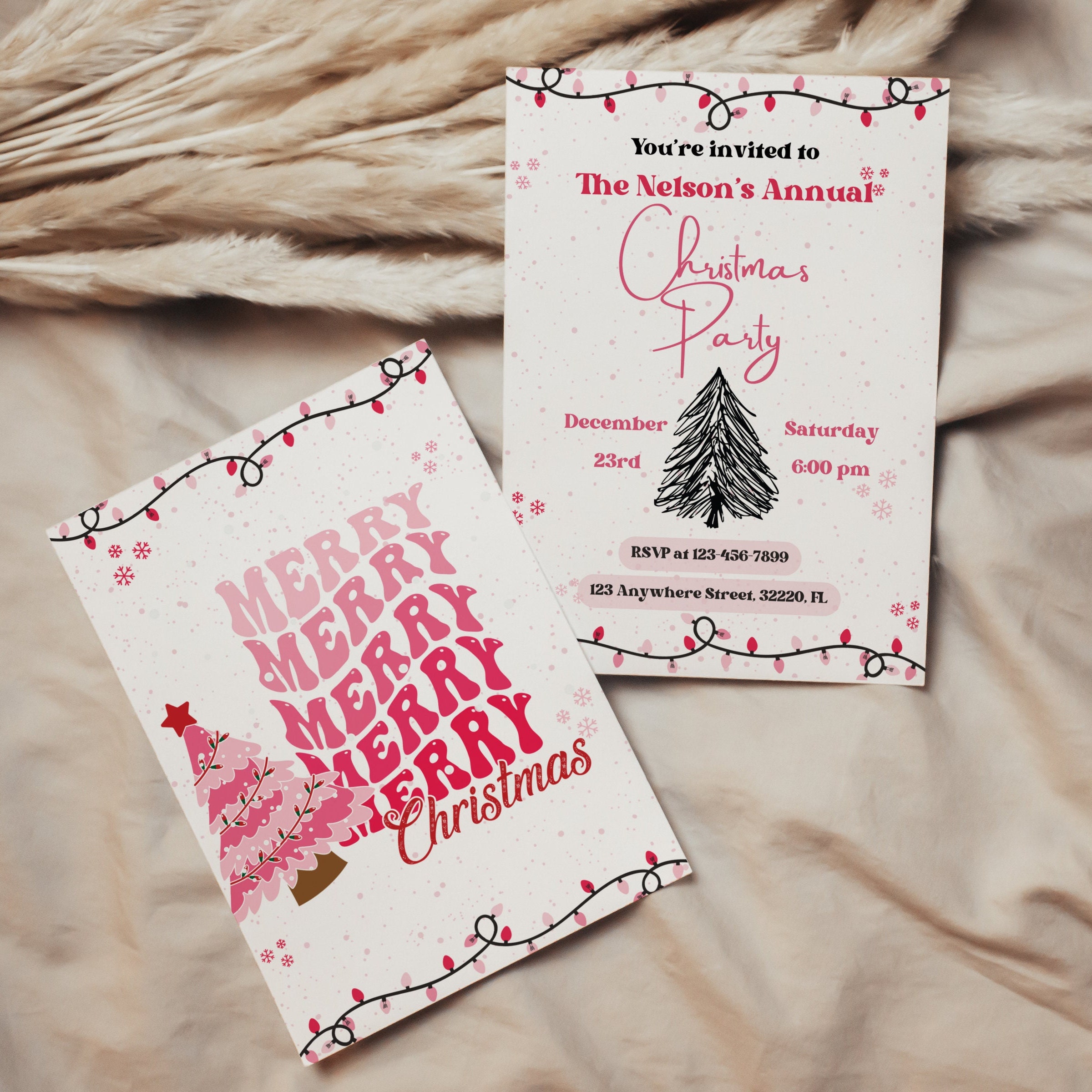 Pink Retro Christmas Party Invitation Template Cute Pinkmas Work ...