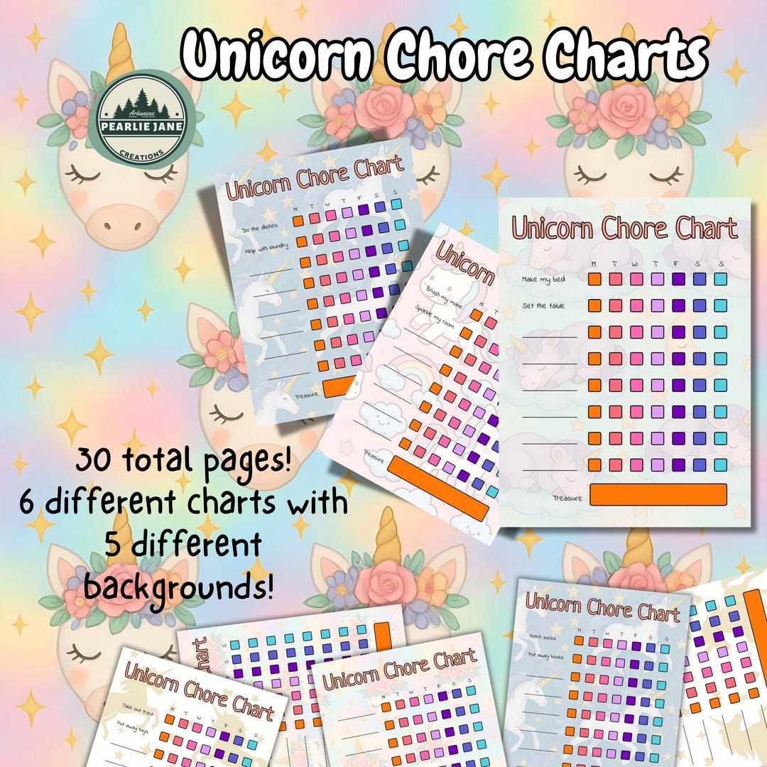 Printable Unicorn Chore Chart for Kids With 30 Pages, 6 Designs and 5 ...