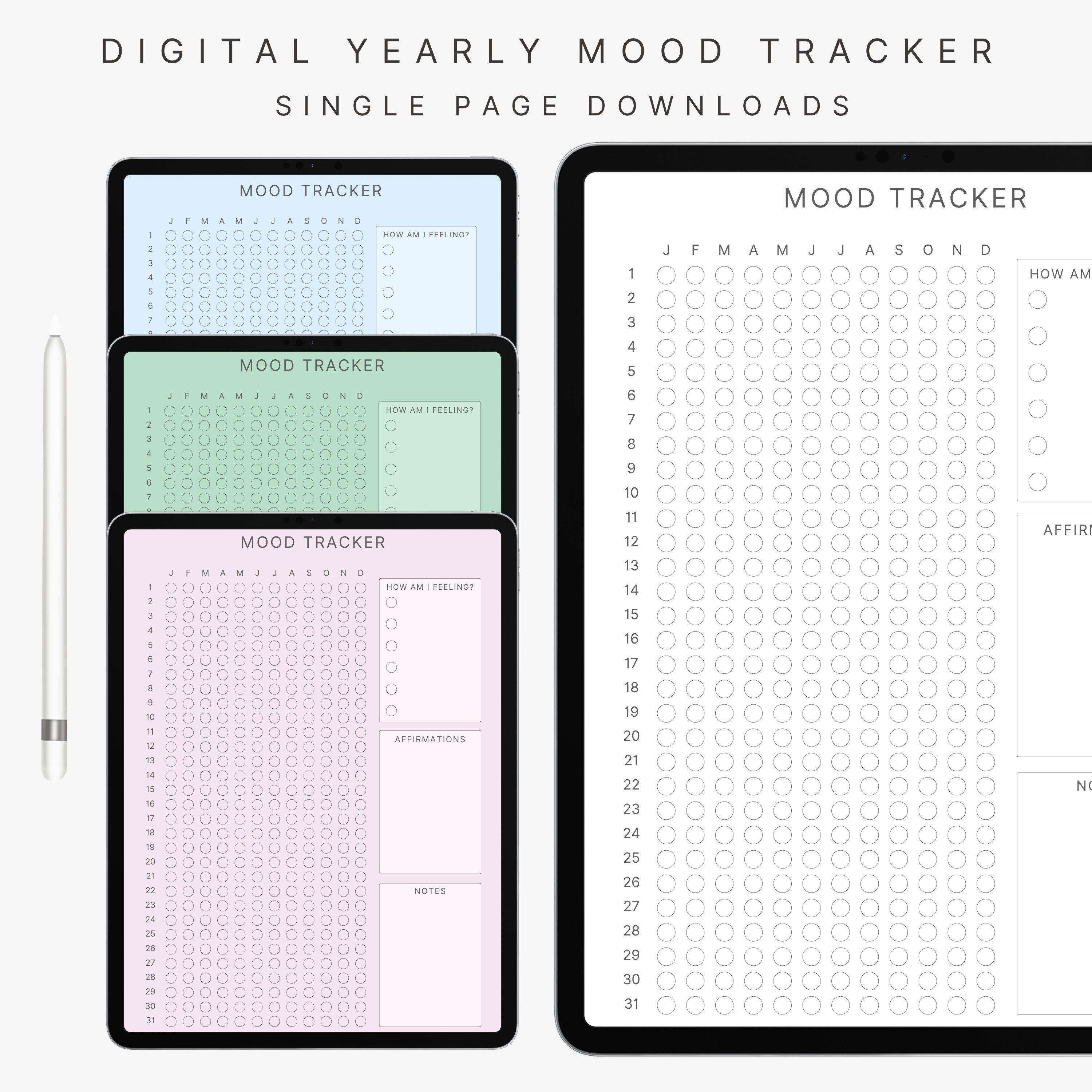 Digital Yearly Mood Tracker, Single Page Reusable Mood Tracker ...