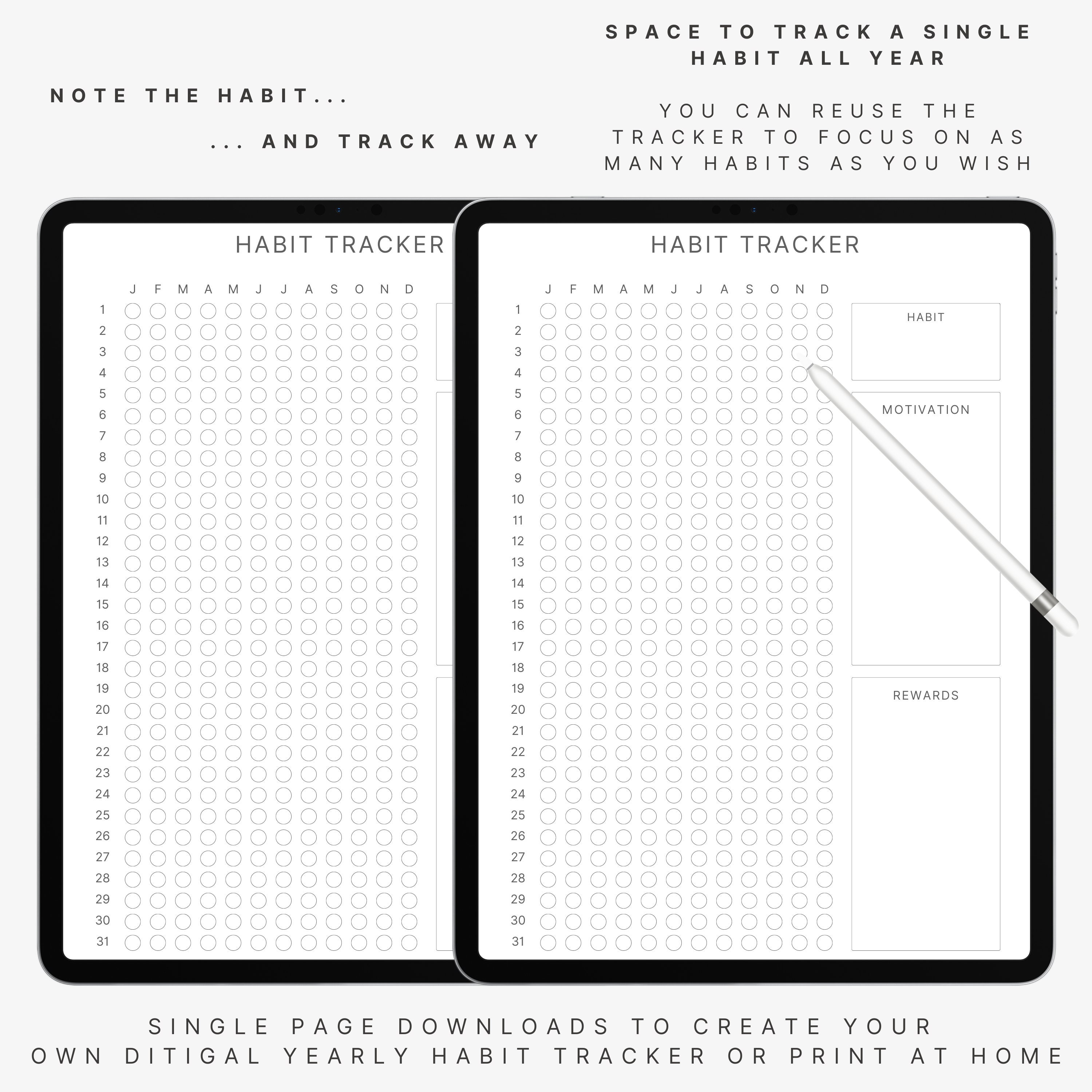 Digital Yearly Habit Tracker, Single Page Reusable Habit Tracker ...
