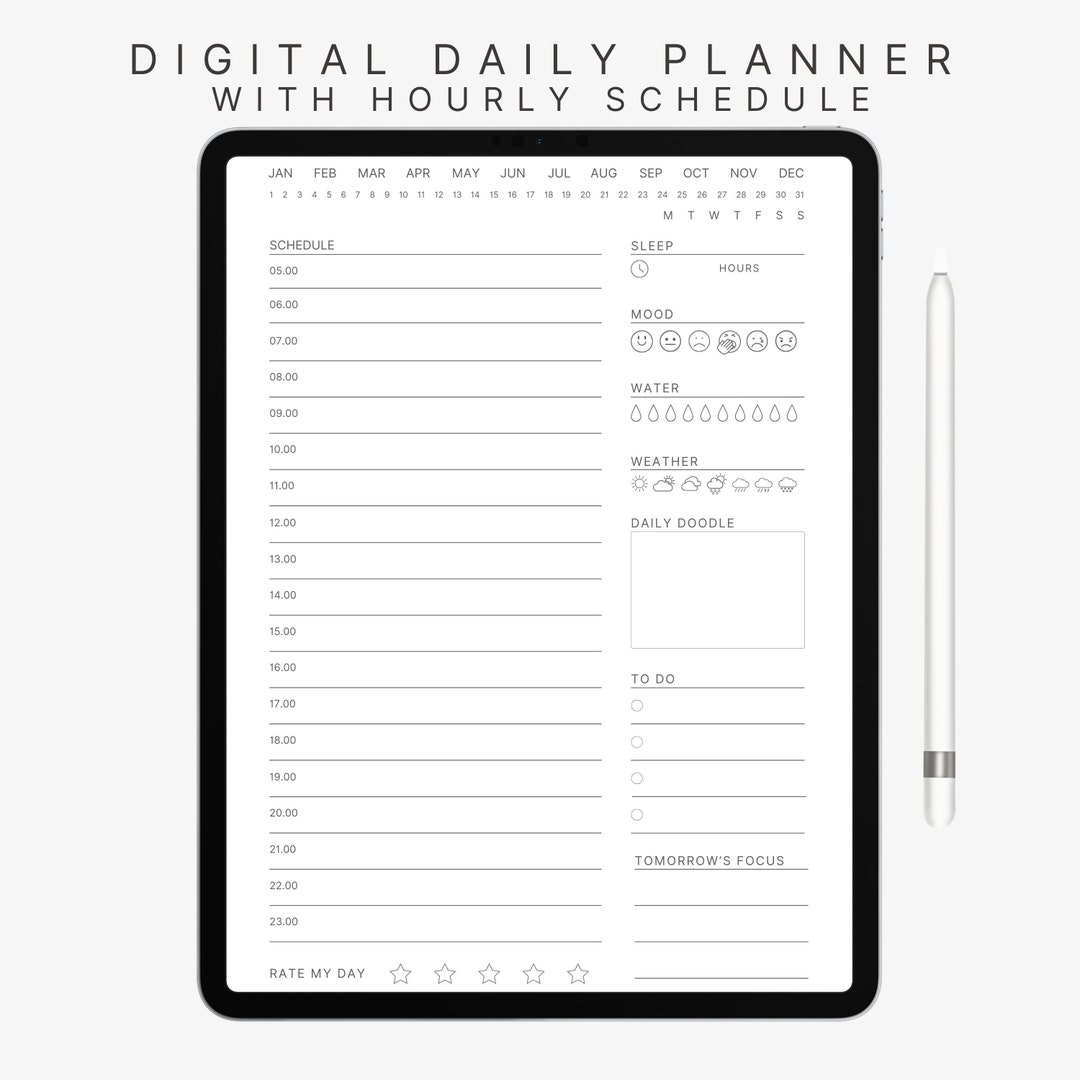 Digital Daily Planner, 365 Hyperlinked Daily Pages, Hourly Schedule ...