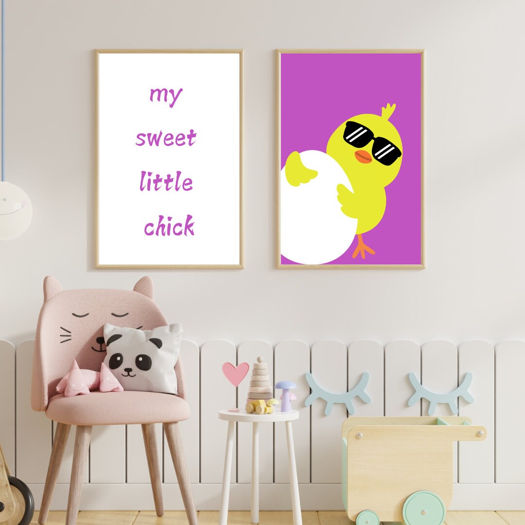 Set of 2 Silly Chick Wall Art, Baby Chick Nursery Decor, Cute Chicken ...