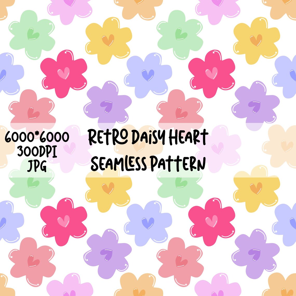 Retro Daisy Heart Seamless Pattern, Pastel Floral Digital Paper (JPG ...