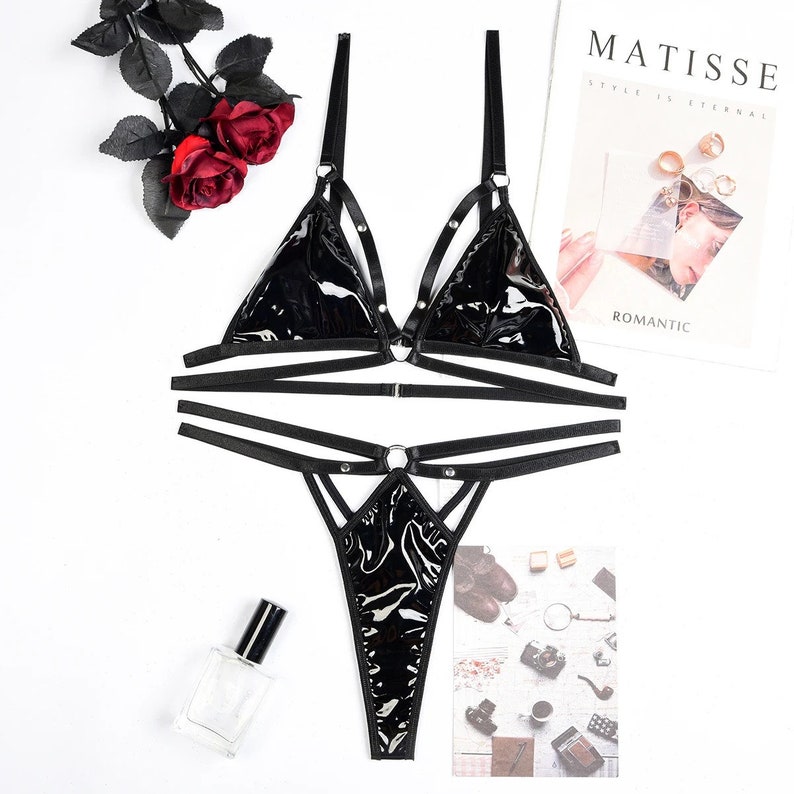 Sexy Latex Lingerie Set I Black Leather Underwear I Erotic Lingerie I