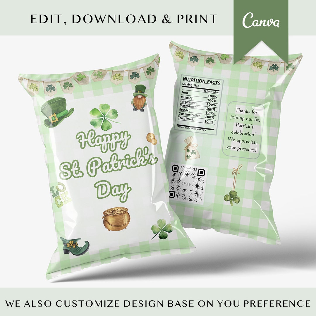 St Patricks Chip Bag Template, Custom Chip Bag, Shamrock Party Favors ...