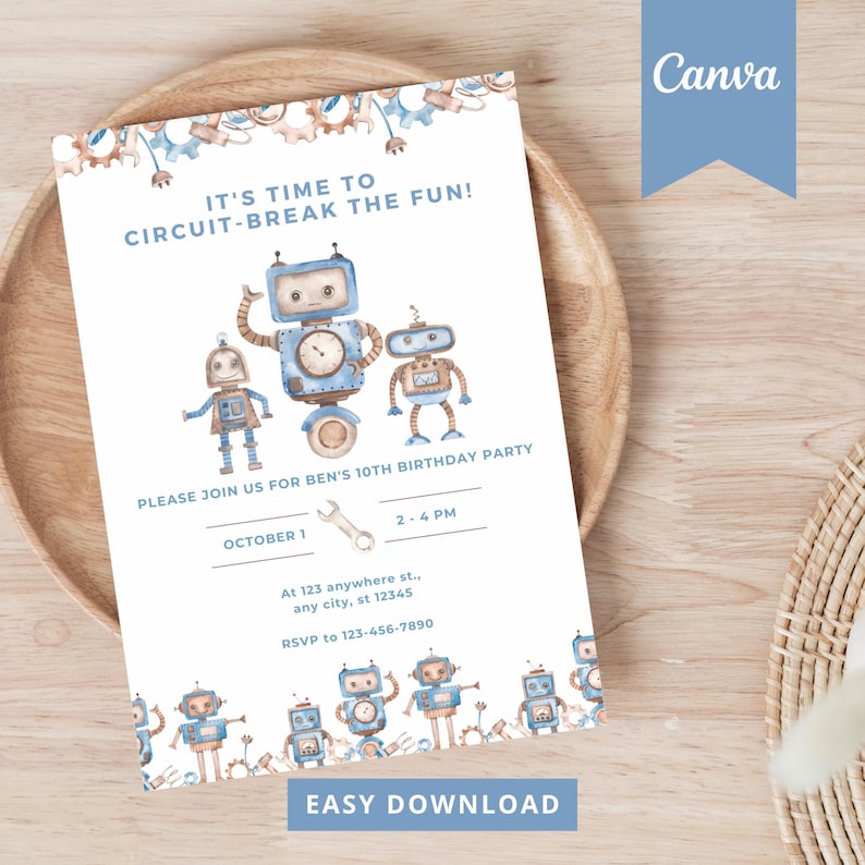 Robot Theme Birthday Invite Robot Invitation Template Printable Invite ...