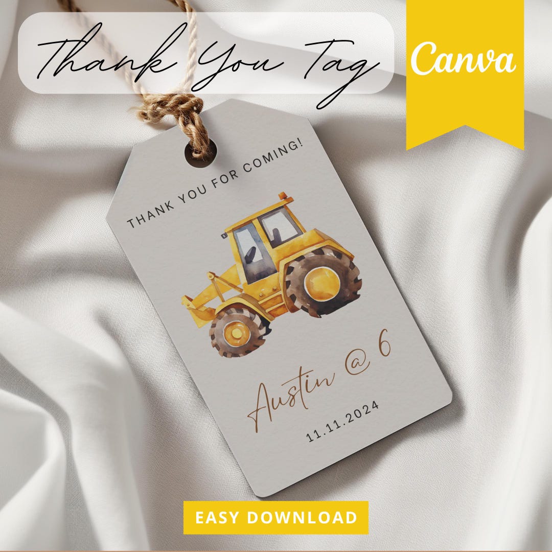 Custom Thank You Tag Construction Birthday Party Thank You Tag EDITABLE ...