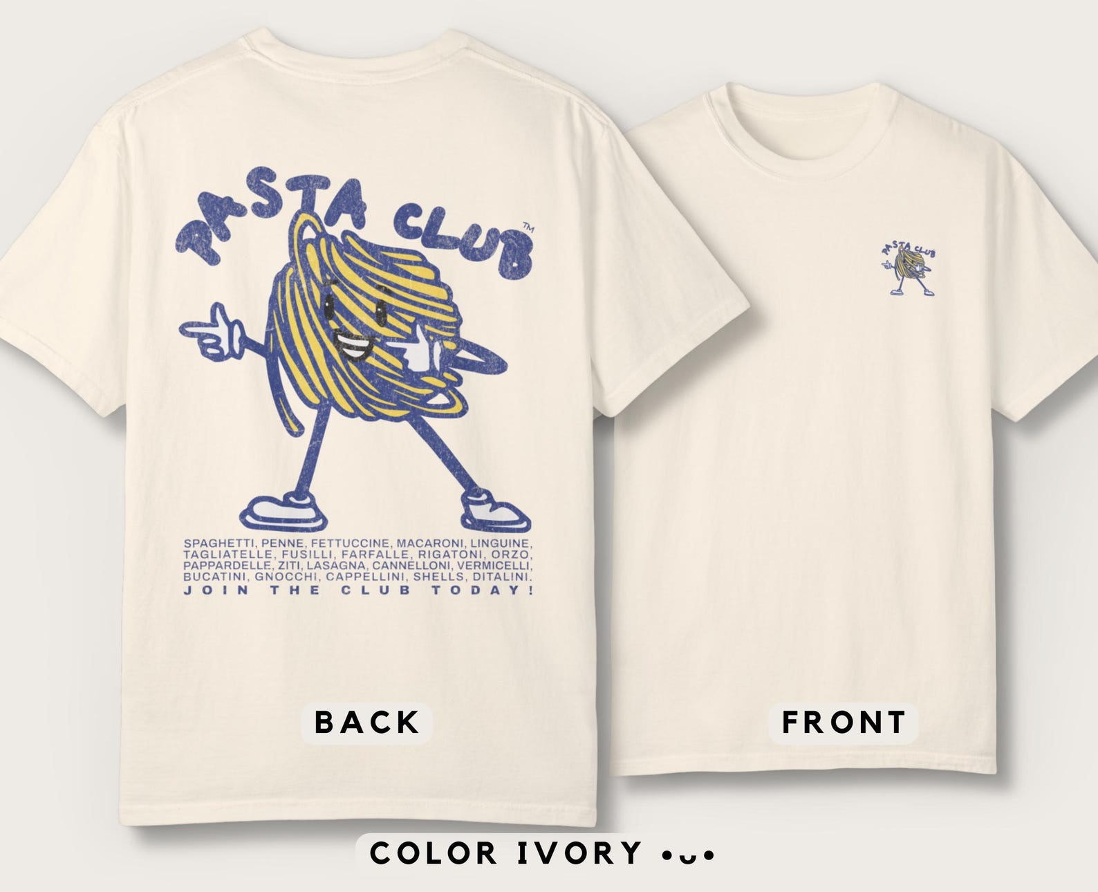 Pasta Club Retro Graphic Tee Hand-drawn Spaghetti Cartoon Shirt, Unisex ...