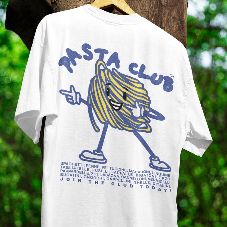 Pasta Club Retro Graphic Tee Hand-drawn Spaghetti Cartoon Shirt, Unisex ...