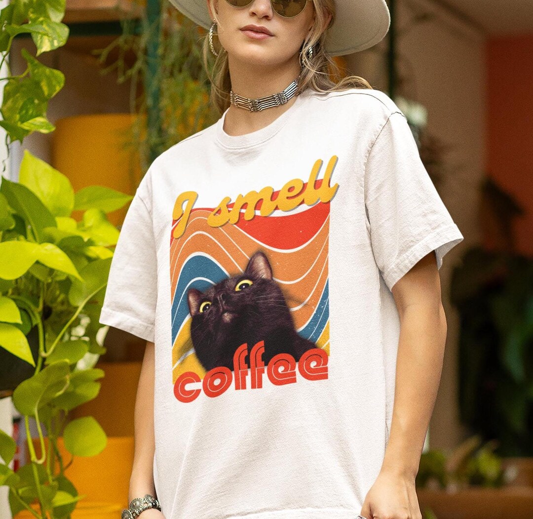 Cat Tshirt Retro Sunset Meme Funny Black Cat Shirt Perfect Coffee Lover ...