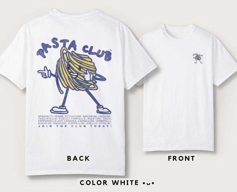 Pasta Club Retro Graphic Tee Hand-drawn Spaghetti Cartoon Shirt, Unisex ...