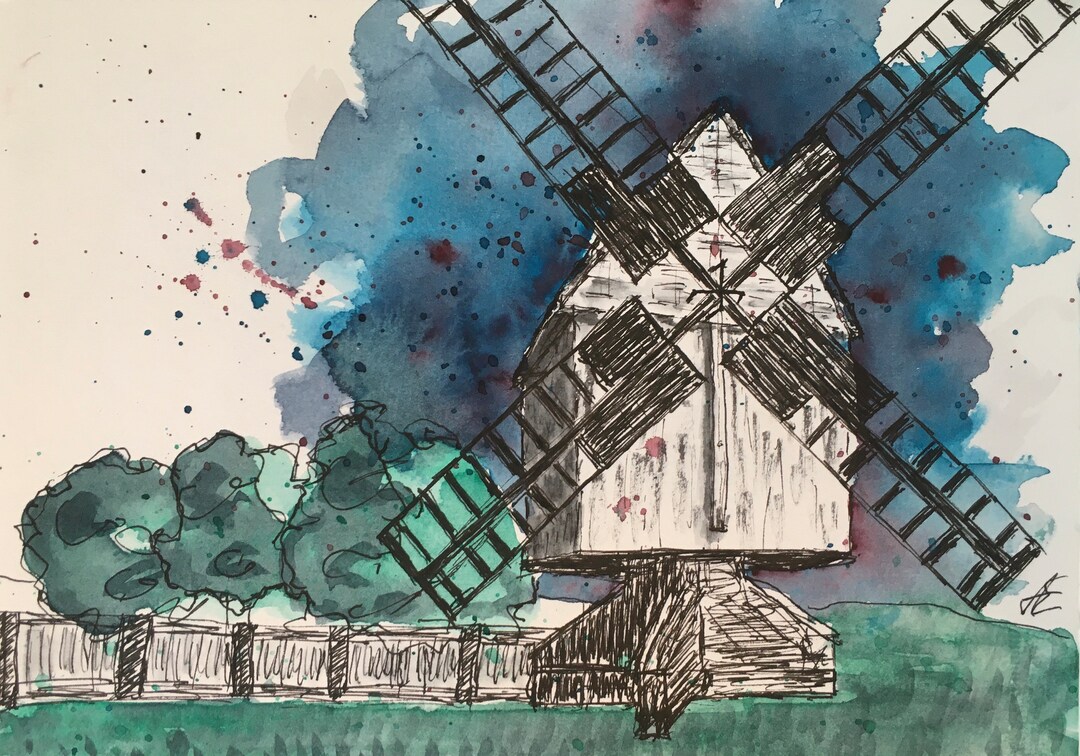 Double Image: Post Mill and Street Scene in Tokyo. Signed Original by ...