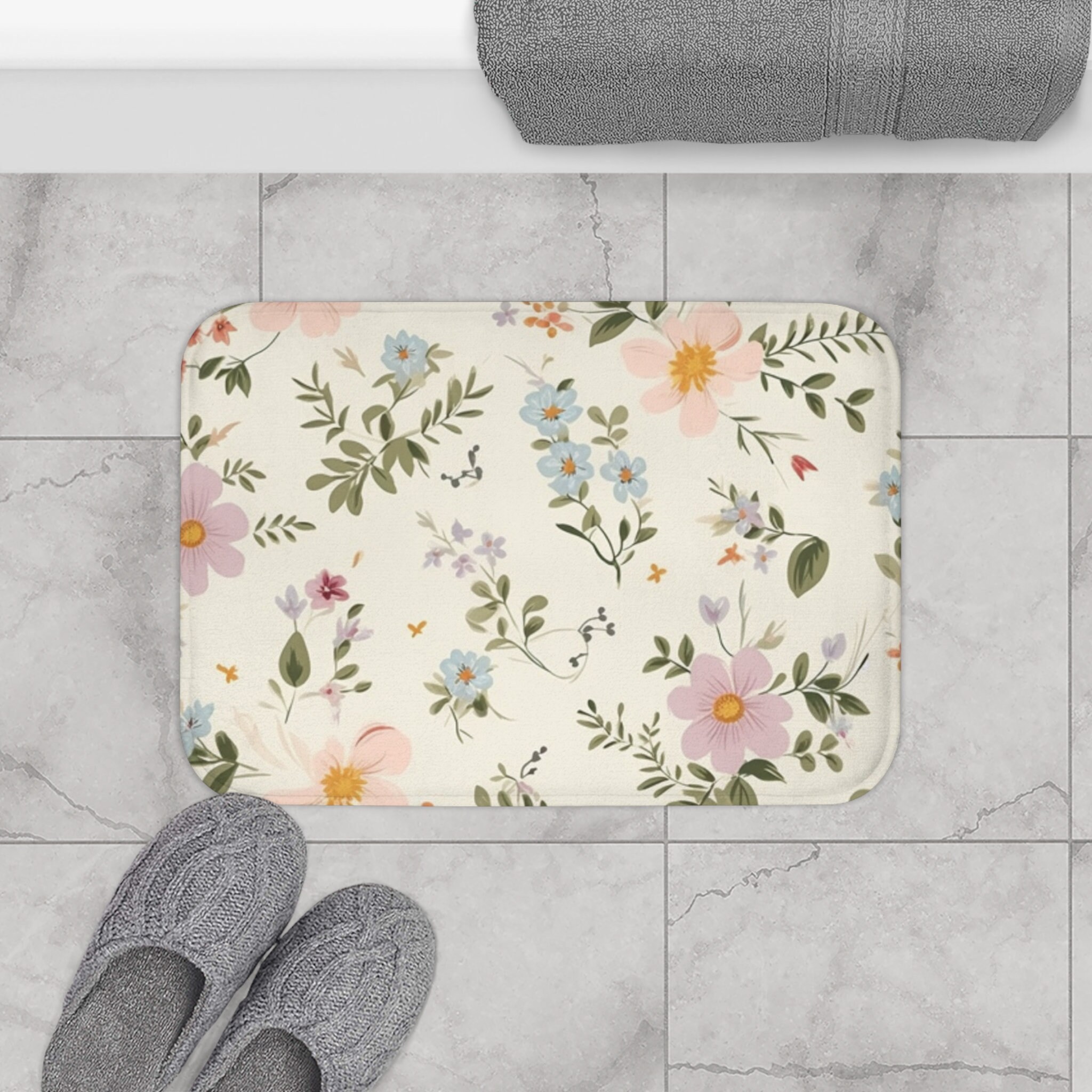 Floral Bath Mat Retro Wildflowers Cottagecore Bath Floor - Etsy