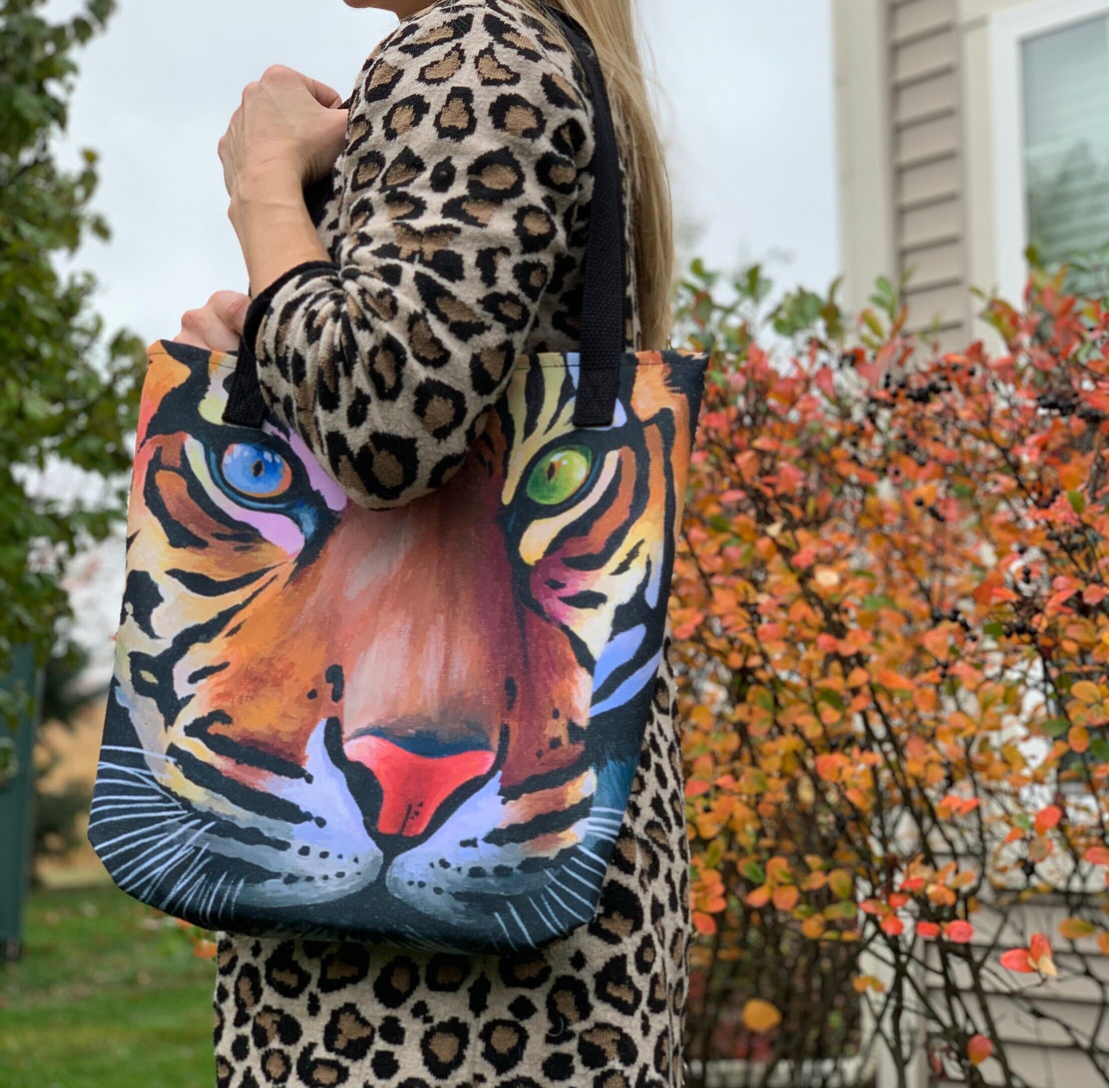 Fall Tiger Tote Bag, Siberian Tiger Bag, Colorful Tiger Painting, Rainbow Tiger Bag, Tiger Tote ...