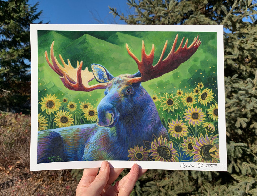 Moose Art Print, Moose Nursery Art, Sunflower Painting, Maine Moose ...
