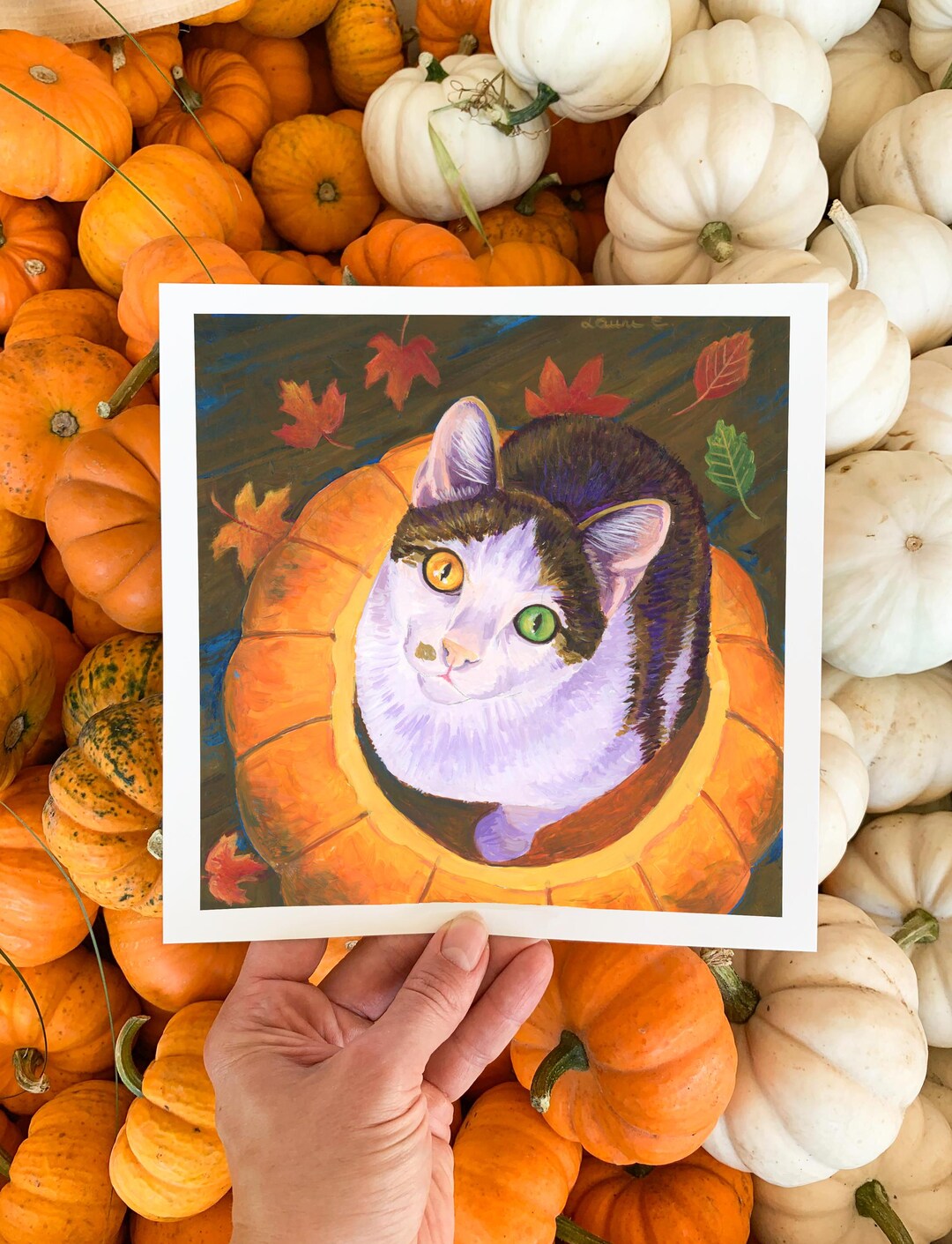 Fall Cat Pumpkin Print, Halloween, Cat Painting, Fall Leaves, Cat Wall Decor, Cat Wall Art ...