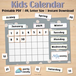 Printable Daily Kids Calendar, Montessori Materials, Kids Wall Calendar ...