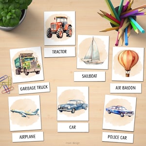 Vehicle Flash Cards, Preschool Activity, Printable Montessori Cards ...
