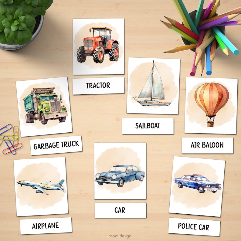 Vehicle Flash Cards, Preschool Activity, Printable Montessori Cards ...
