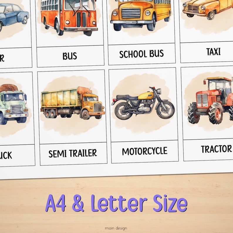 Vehicle Flash Cards, Preschool Activity, Printable Montessori Cards ...