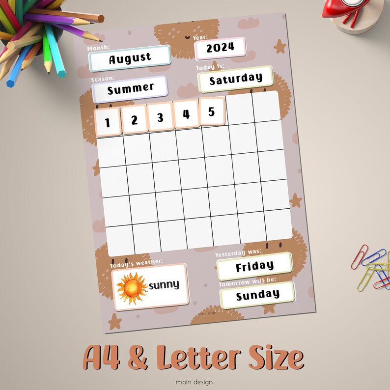 Printable Daily Kids Vertical Calendar, Montessori Materials, Kids Wall ...