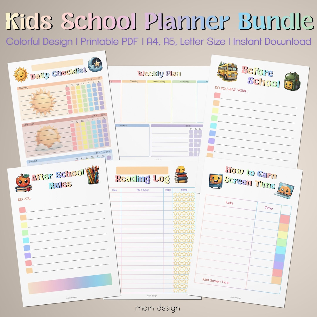 Printable Kids School Planner Bundle, Screen Time Chart, After Before ...