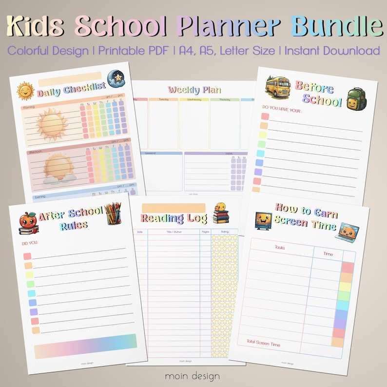 Printable Kids School Planner Bundle: Daily & Weekly Checklist (digital ...