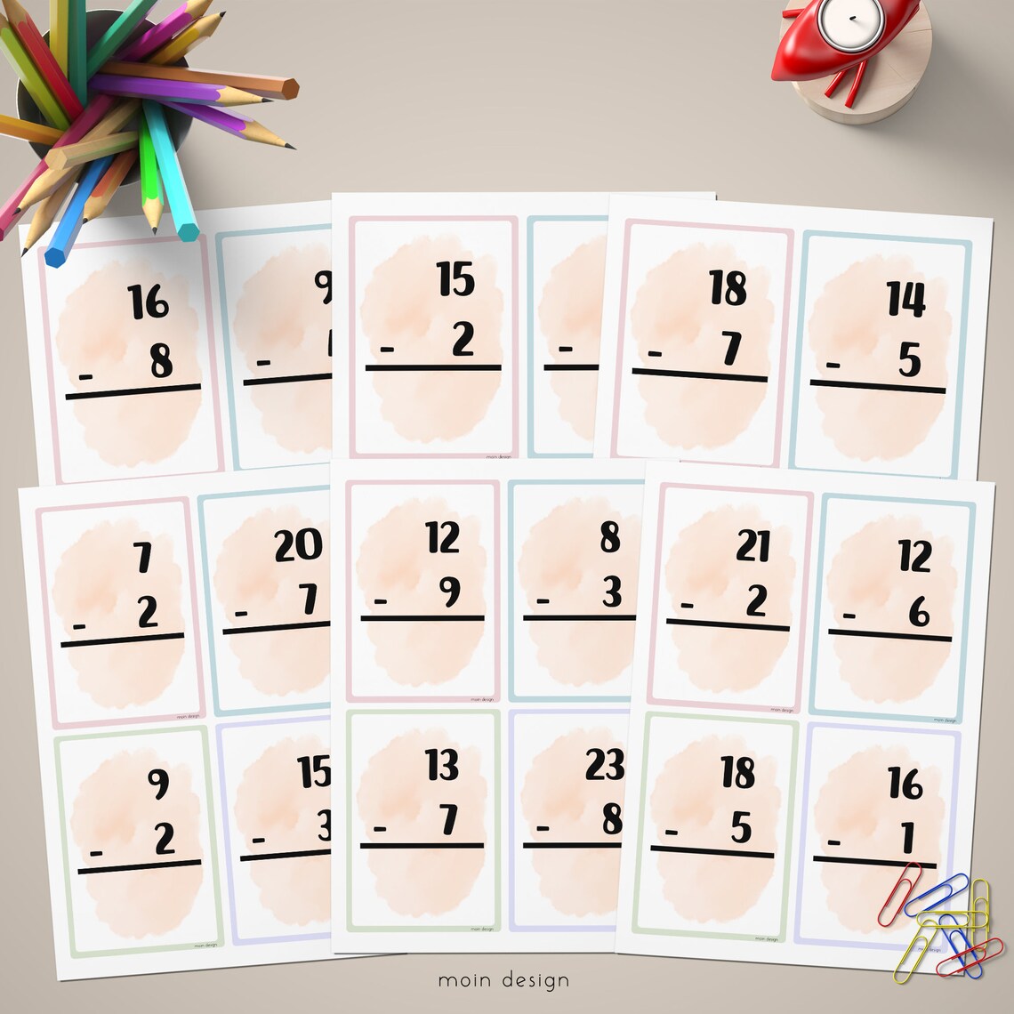 Subtraction Practice Flash Cards, Printable Math Activities, Montessori ...
