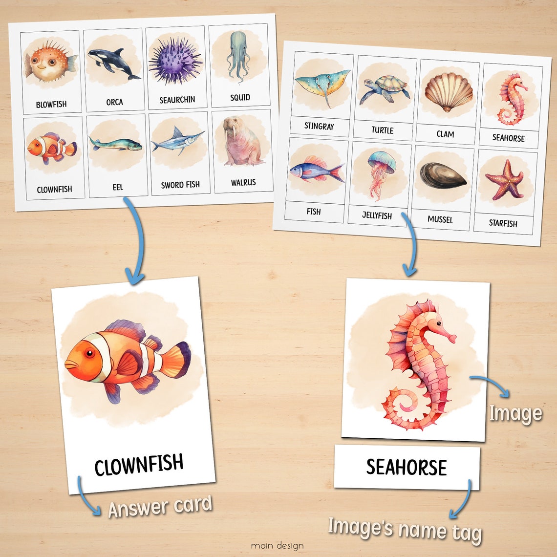 Sea Animals Flash Cards, Preschool Activity, Printable Montessori Cards ...