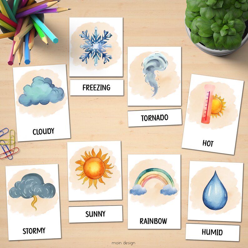 Weather Flash Cards, Preschool Activity, Printable Montessori Cards ...