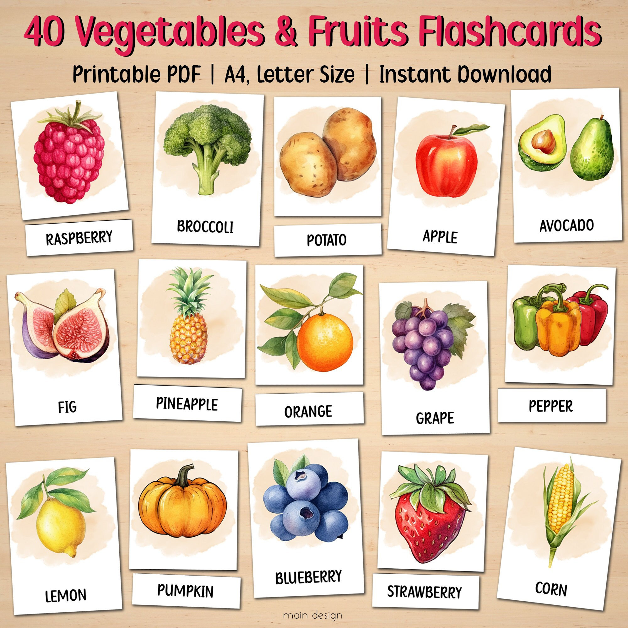 Fruits and Vegetables Flash Cards: Montessori Preschool Activity ...