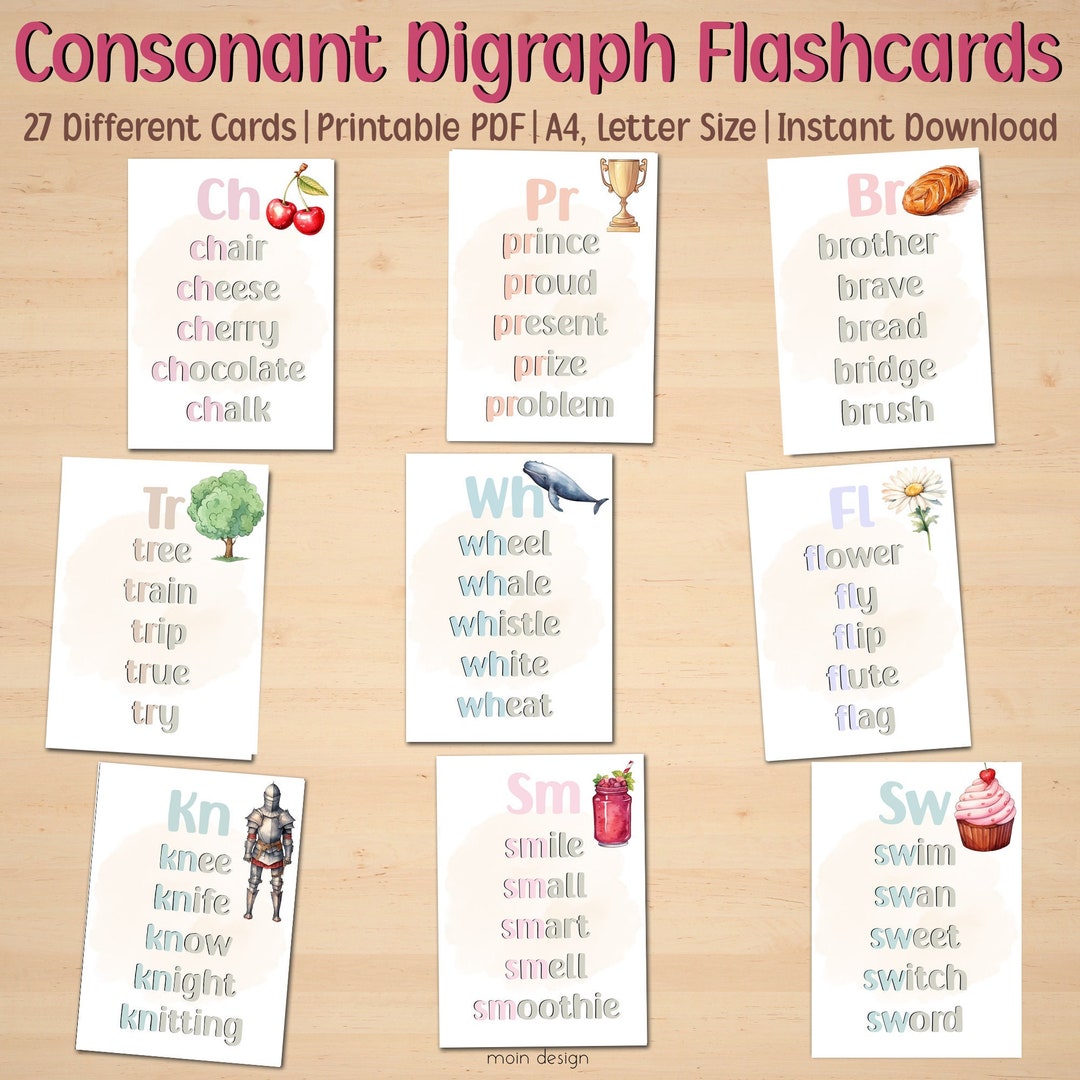 Consonant Digraph Flash Cards, Phonics Chart, Phonetic Learning ...