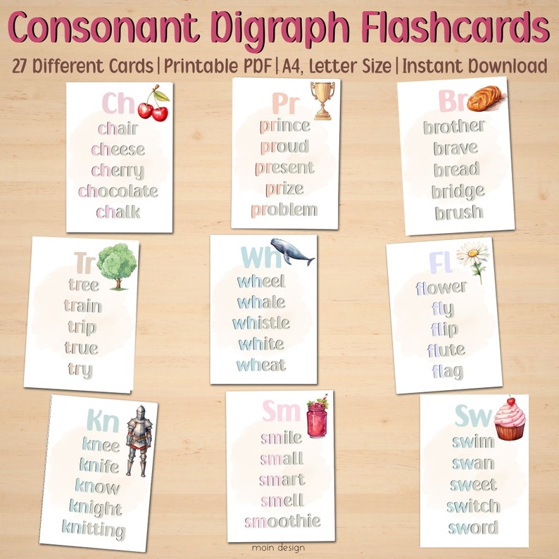 Consonant Digraph Flash Cards, Phonics Chart, Phonetic Learning ...