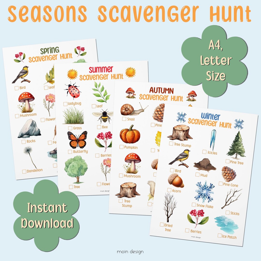 Printable Four Season Nature Scavenger Hunt, Outdoor Activity for Kids ...