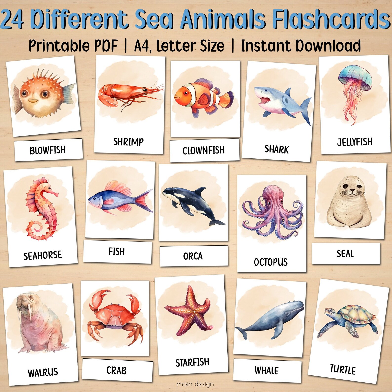 Sea Animals Flash Cards, Preschool Activity, Printable Montessori Cards ...