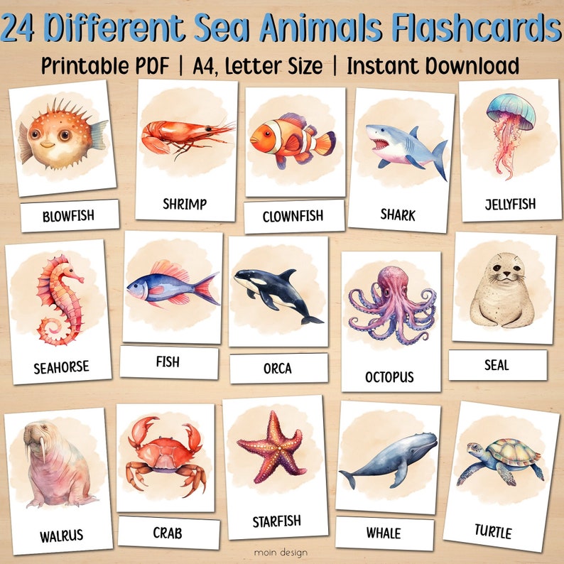 Sea Animals Flash Cards, Preschool Activity, Printable Montessori Cards ...