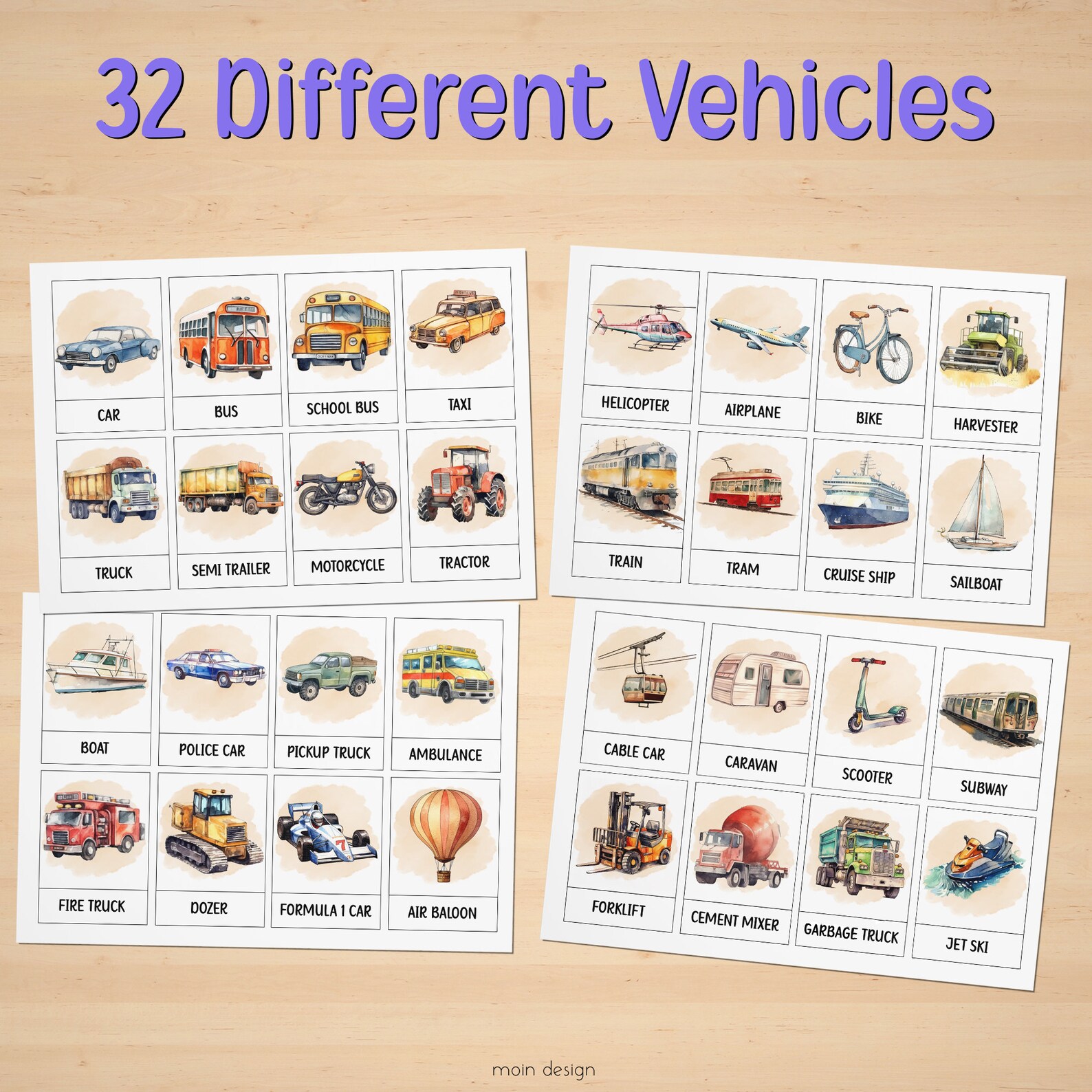 Vehicle Flash Cards, Preschool Activity, Printable Montessori Cards ...