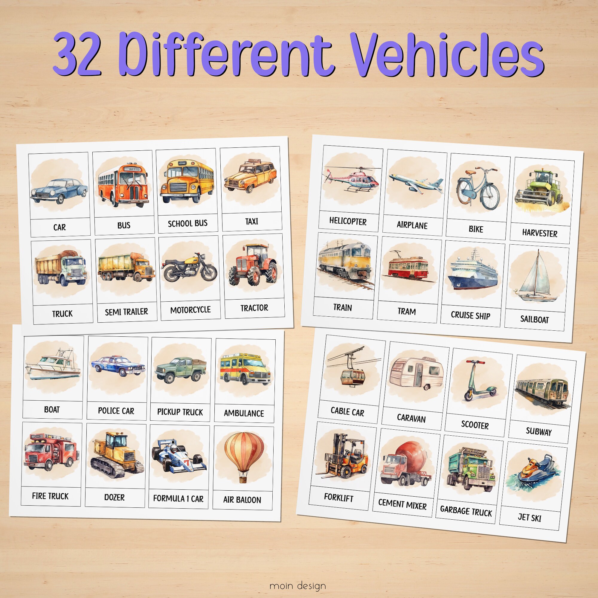 Vehicle Flash Cards, Preschool Activity, Printable Montessori Cards ...
