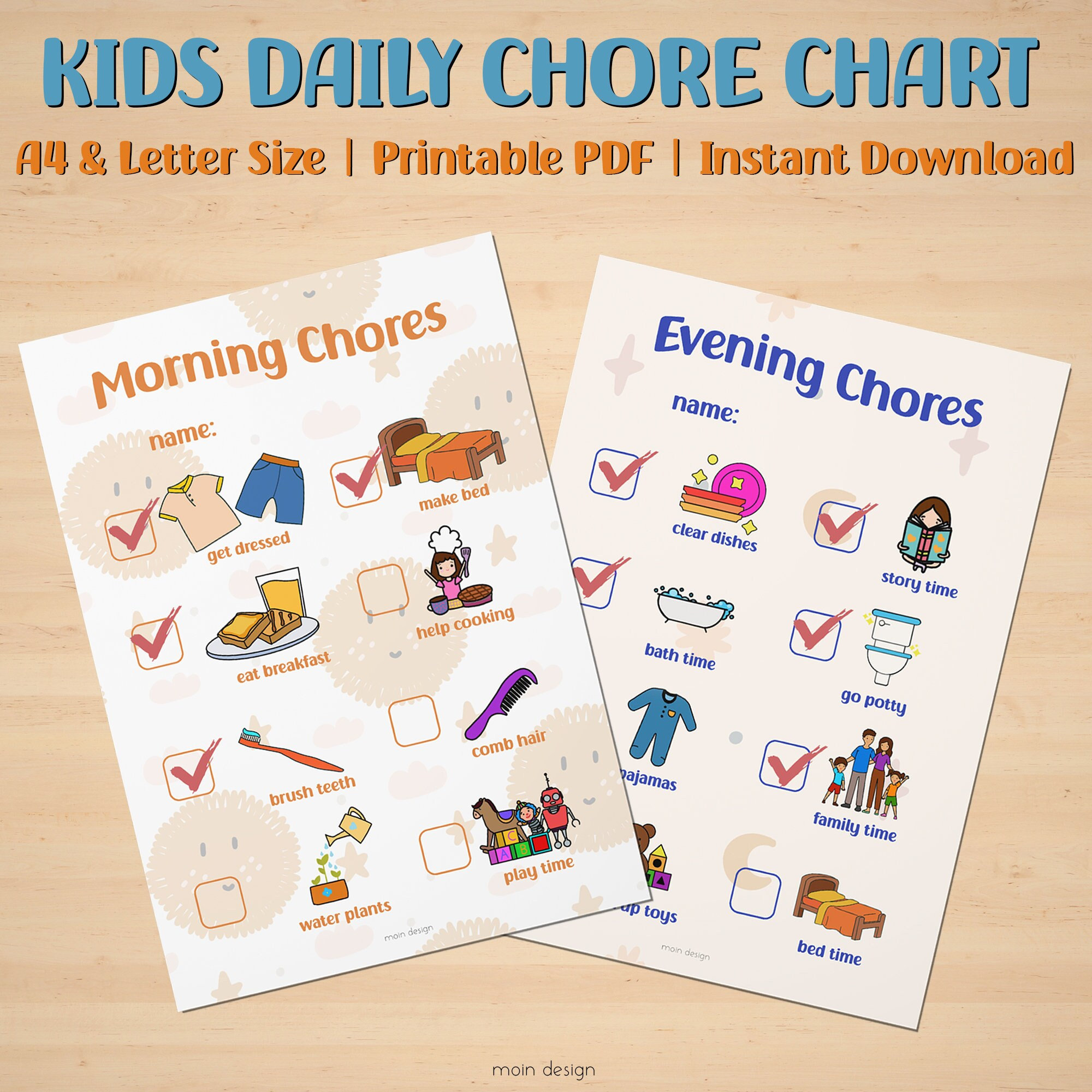 Printable Kids Chore Chart, Toddler Daily Routine, Morning Evening ...