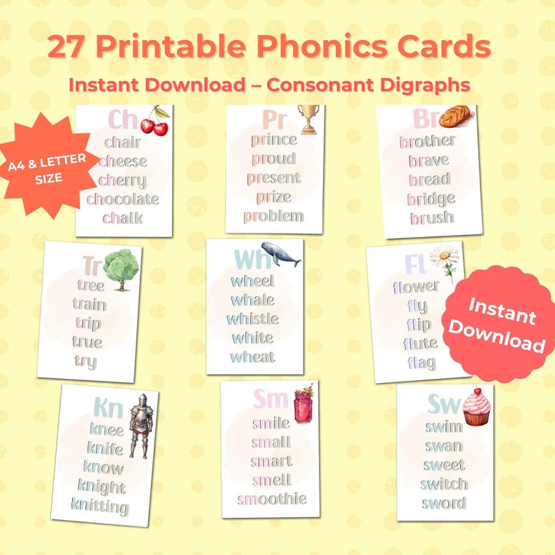 Printable Phonics Flash Cards: Consonant Digraphs & CVC Words (PDF ...