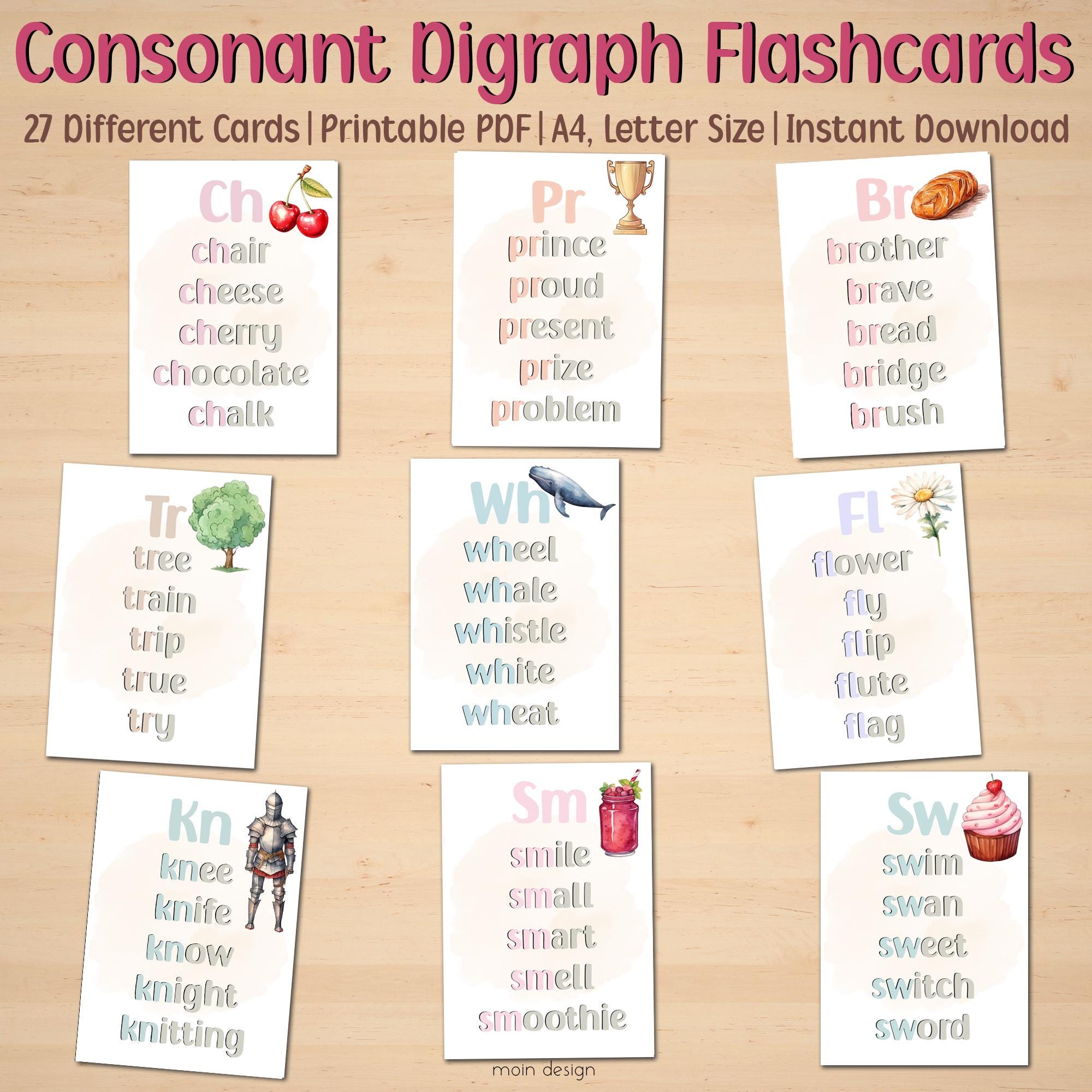 Consonant Digraph Flash Cards, Phonics Chart, Phonetic Learning ...