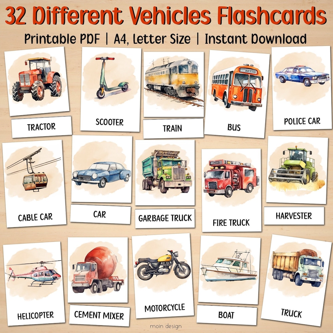 Vehicle Flash Cards, Preschool Activity, Printable Montessori Cards ...