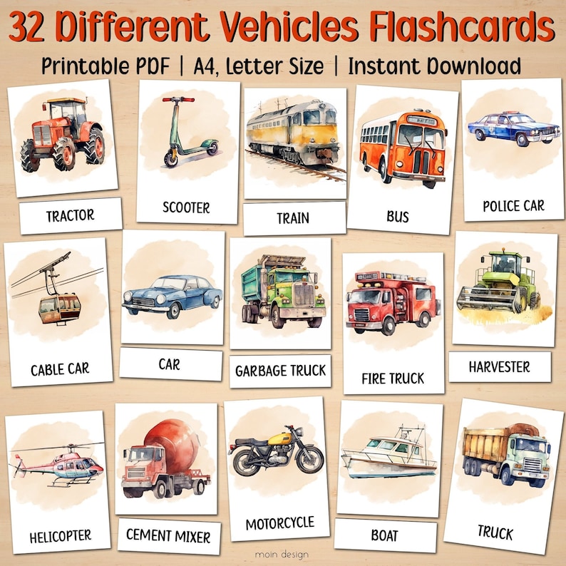 Vehicle Flash Cards, Preschool Activity, Printable Montessori Cards ...